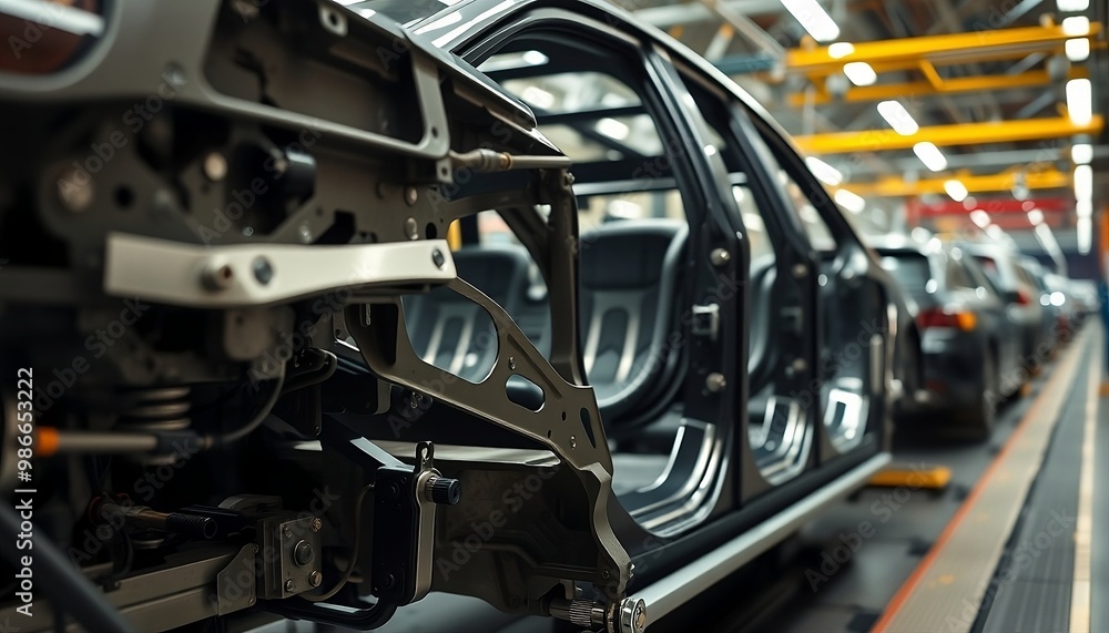 close-up view of the frame and body of a car assembling on an ...