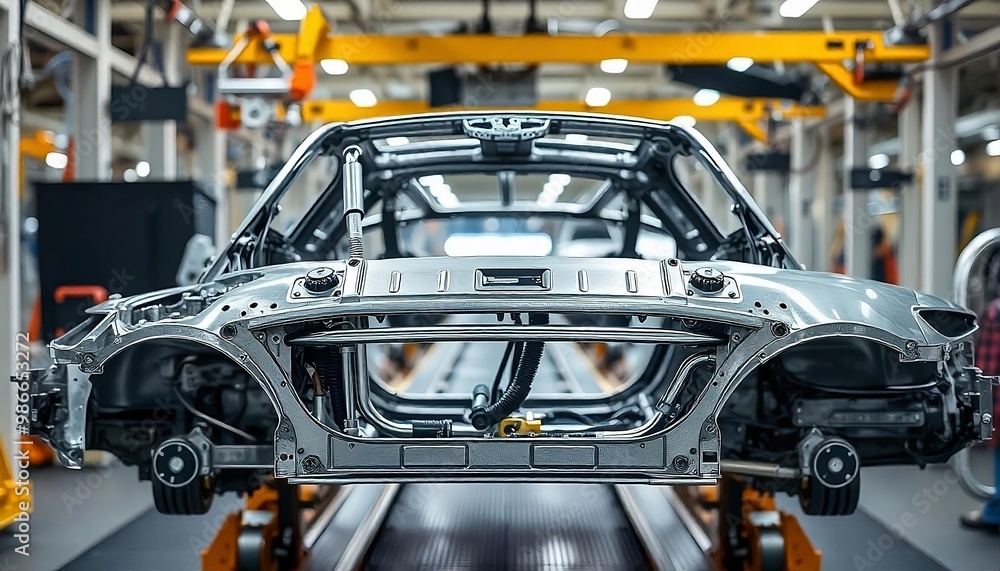 close-up view of the frame and body of a car assembling on an ...