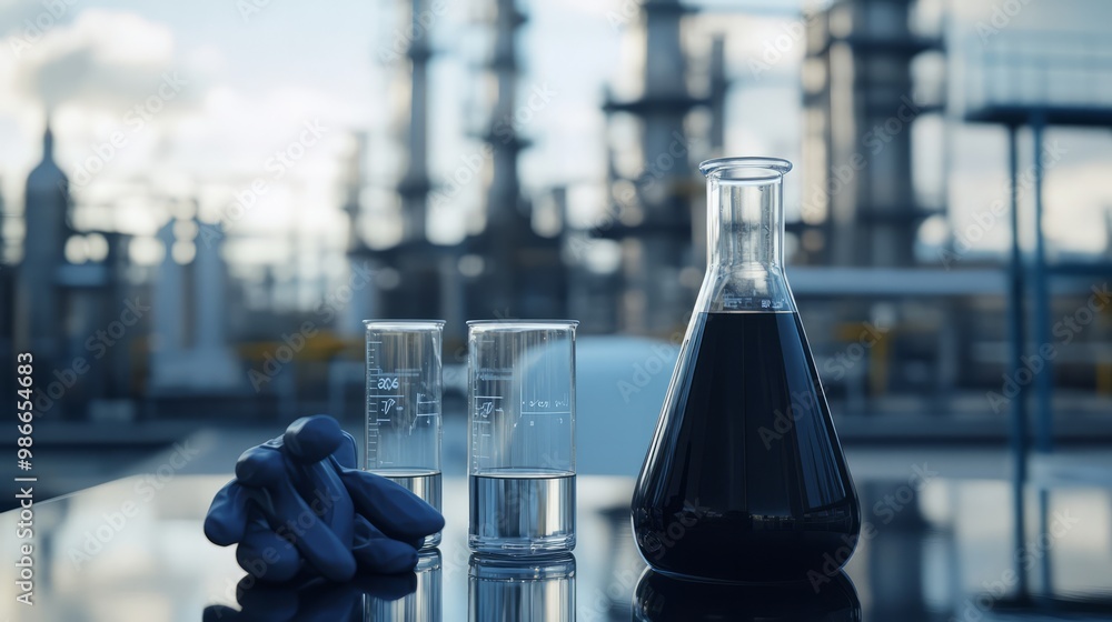 Oil Refinery Sample Analysis: Dark liquid in an Erlenmeyer flask sits ...