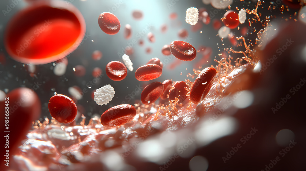 The life science concept art of many red blood cells and platelets with ...