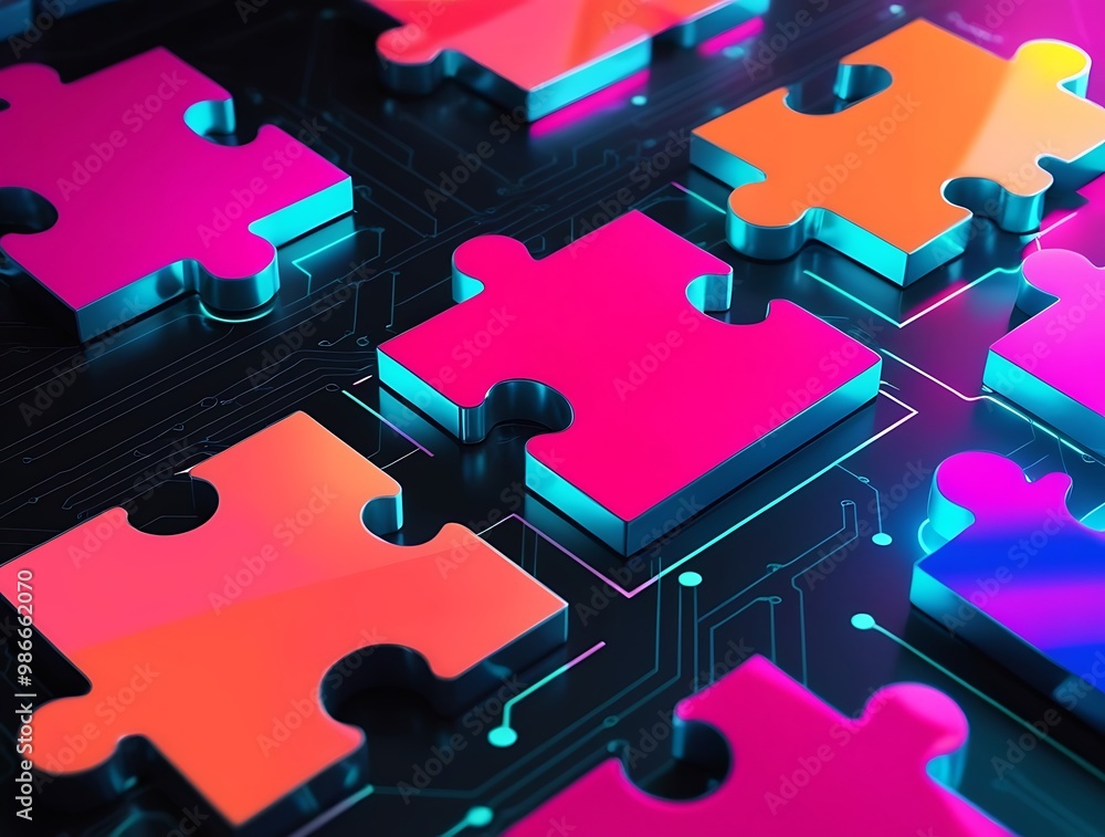 API integration concept with neon puzzle pieces interlocking on a ...