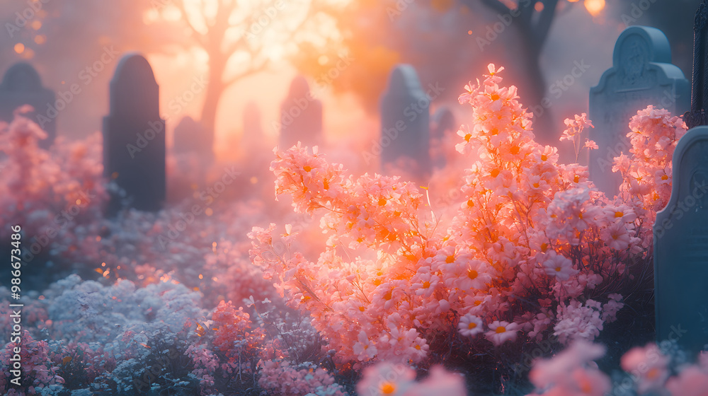 Memento Mori in a Pastel Cemetery: A pastel-colored cemetery filled ...