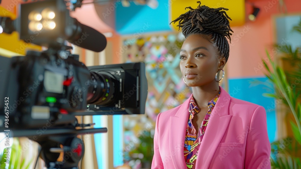 A vibrant video production setup showcasing a black female host dressed ...