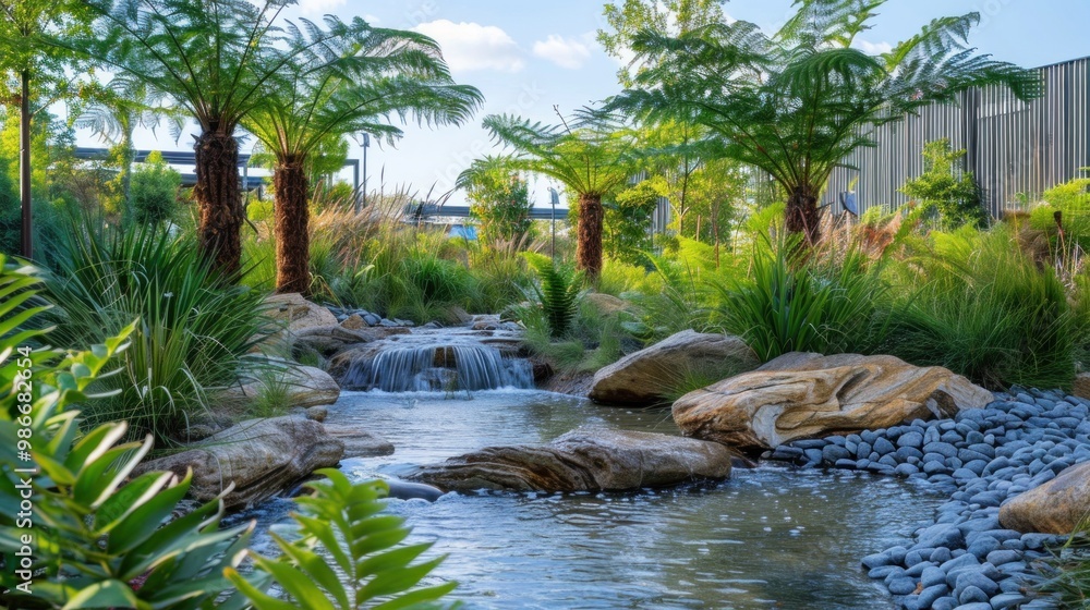 a modern park featuring a prehistoric plant garden, with ancient cycads ...