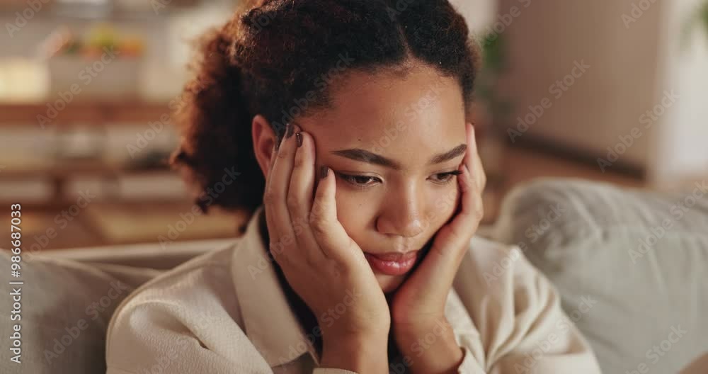 Home, mental health and woman with depression, headache and emotions in ...