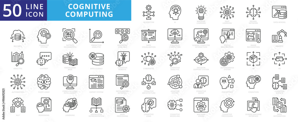 Cognitive computing icon set outline vector collection. Containing ...