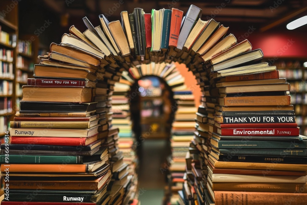 Symmetrical archway made of stacked books forming the words “THANK YOU ...
