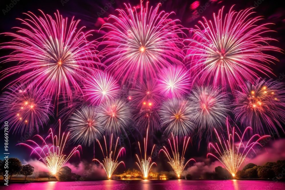 Pink fireworks explode in a dazzling display against a starless night ...