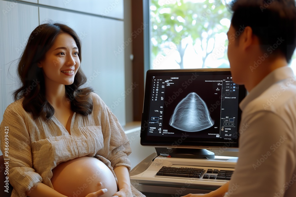 Sonographer conducting an ultrasound examination on a pregnant woman in ...