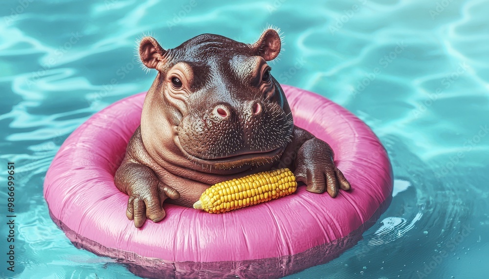 Baby hippo floating on an inflatable raft in a blue swimming pool ...