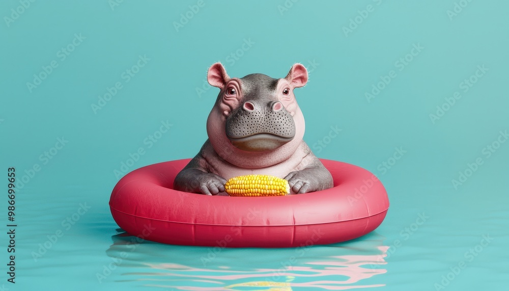 Baby hippo floating on an inflatable raft in a blue swimming pool ...