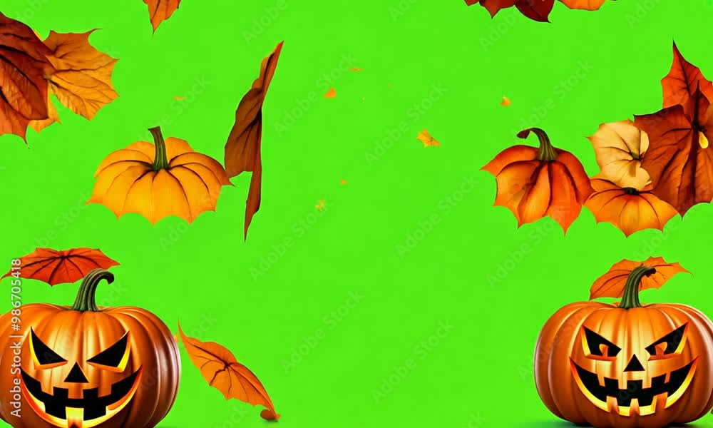 Animated background of autumn leaves and halloween pumpkins with green ...