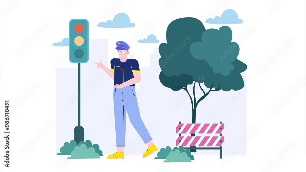 Colorful illustration of an animated traffic officer managing a traffic ...