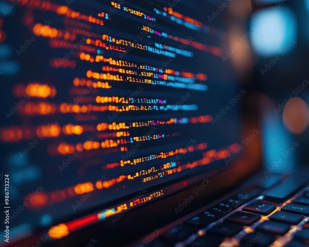 Software coding on a computer with lines of code visible, tech-savvy style, close-up, sharp ...