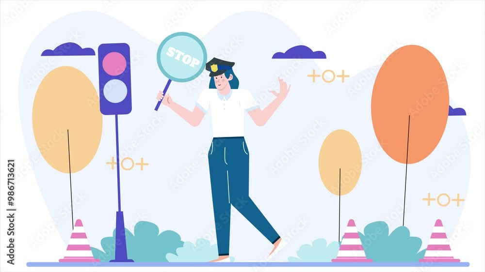 Illustration of an animated police officer holding a stop sign at a ...