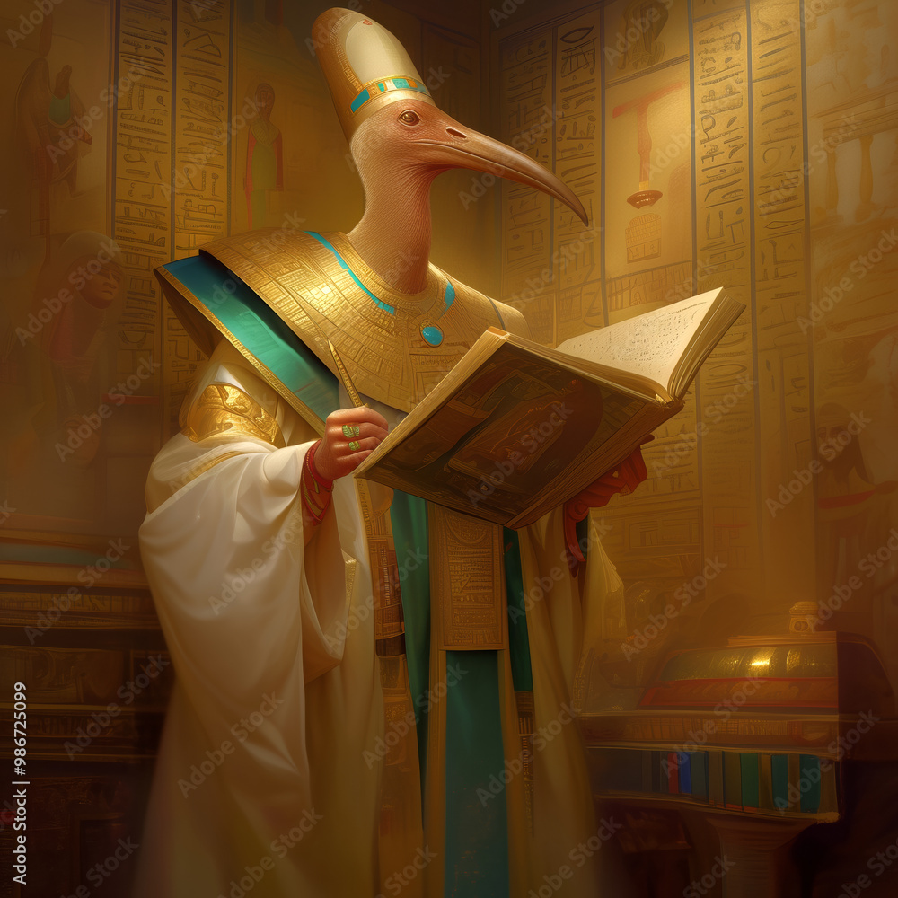 Thoth, the ancient Egyptian god of knowledge reads an ancient scroll in ...