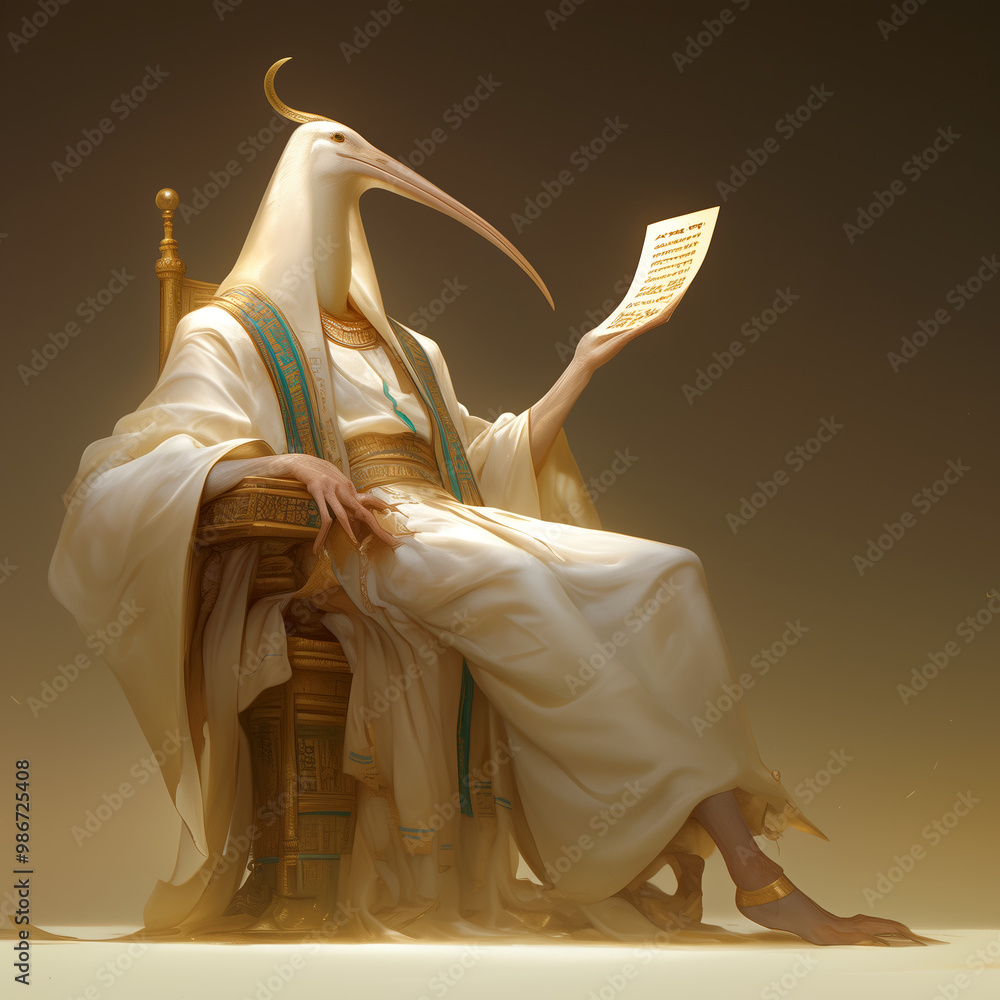Thoth, the ancient Egyptian god of knowledge reading a scroll while ...