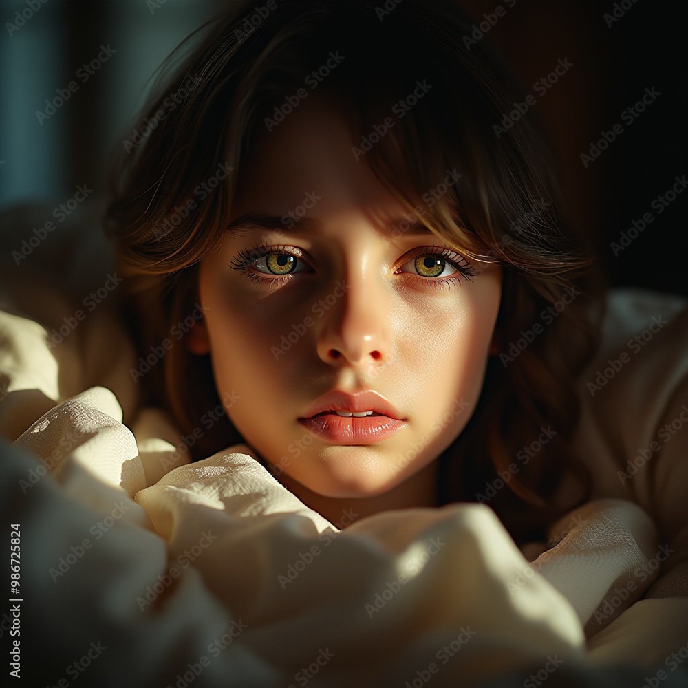 girl with a face expressing deep sadness, with clearly lowered corners ...