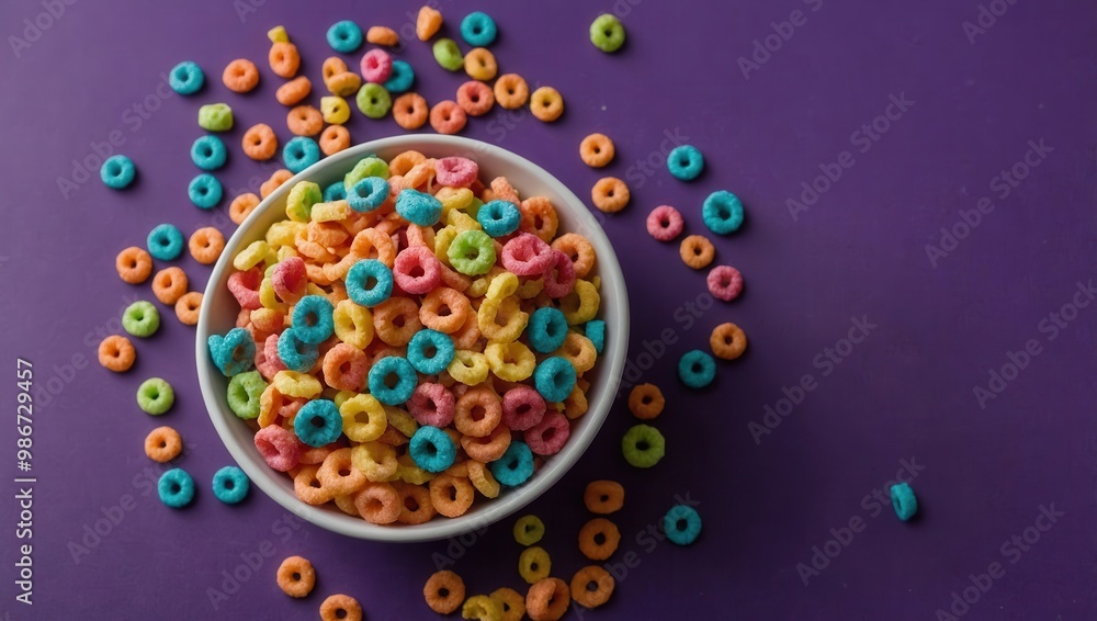 Bowl of colorful Froot Loops cereal with bright red, yellow, green, and ...