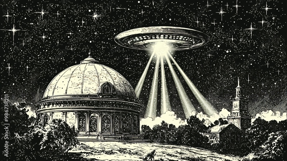 UFO hovering above a Victorian observatory beams of light illuminating ...
