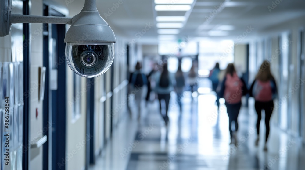 Security camera view of a school hallway, showing students walking by ...