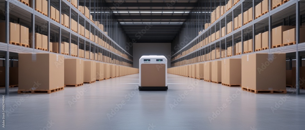 Warehouse interior with stacked boxes and an empty aisle for efficient ...