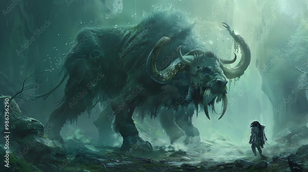 Monstrous beast stands in the heart of an ancient forest, its power and ...