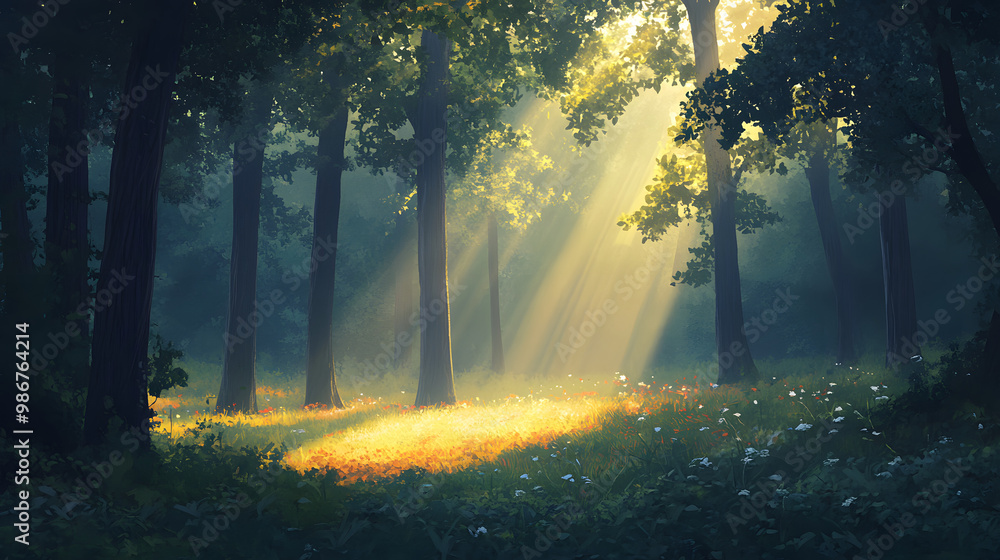 peaceful forest scene at dawn, with soft beams of sunlight filtering ...