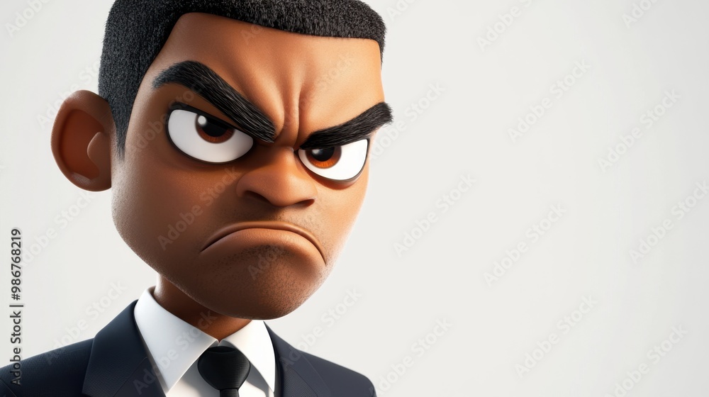 3D character close up portrait of a mildly angry black man in a navy ...