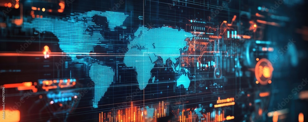 Futuristic world map with digital data interface, showcasing global ...