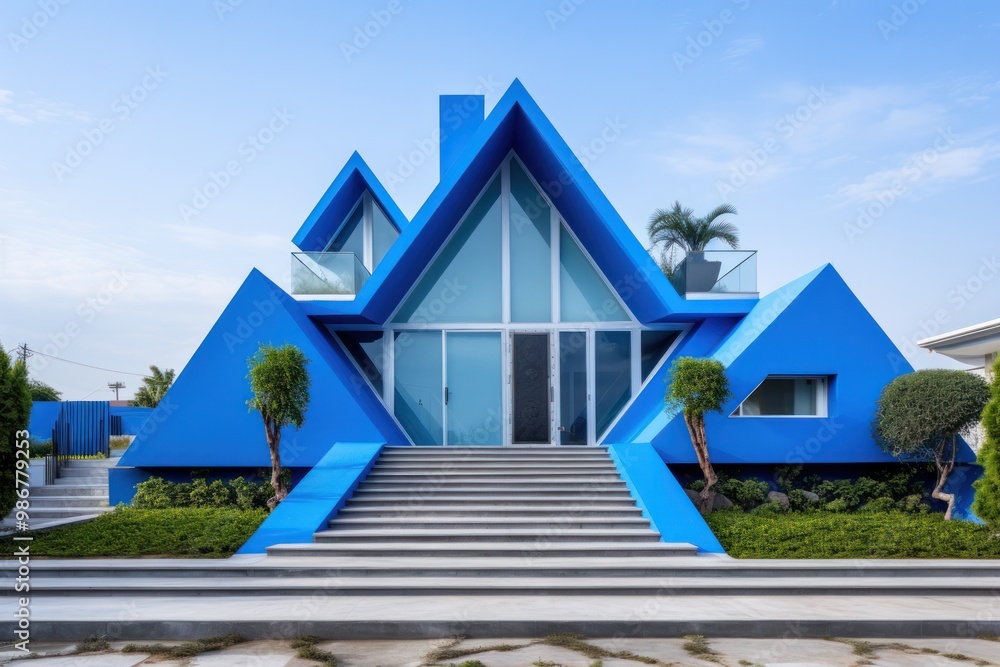 A vibrant blue house with a classic, angular design, set against an all ...