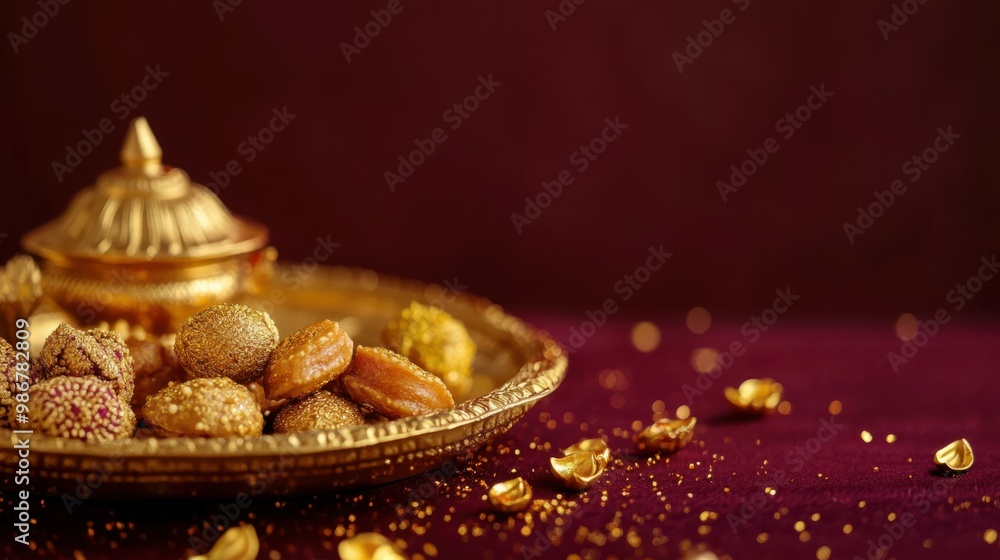 Golden thali with traditional mithai (sweets), resting on a burgundy ...