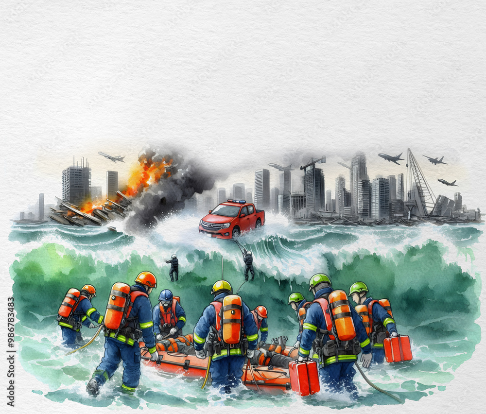 Watercolour illustration of Rescue worker working in a tsunami flood ...