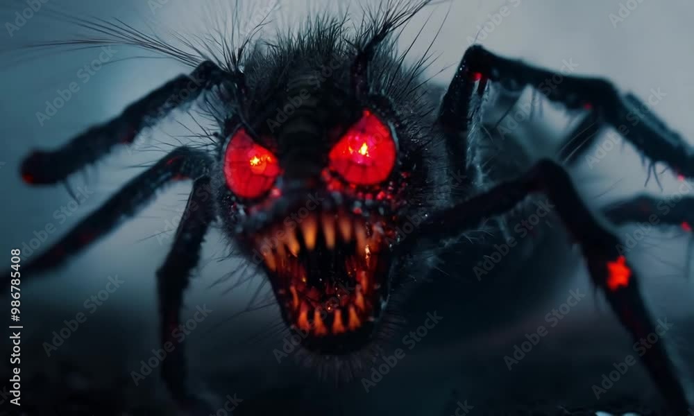 Scary close-up of a spider with glowing red eyes, sharp fangs dripping ...