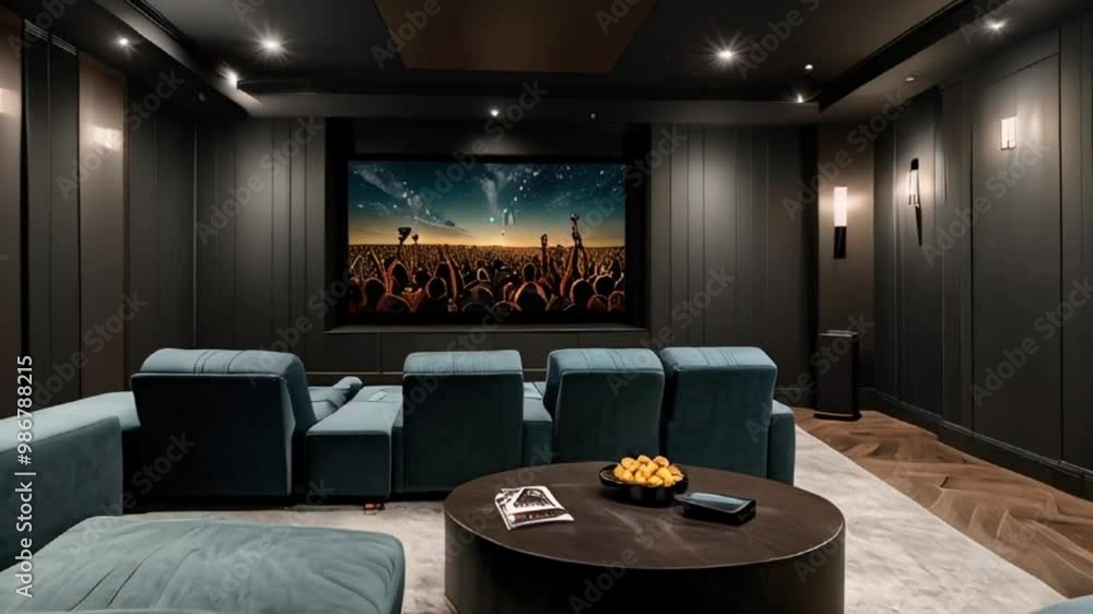 A modern home theater featuring floor-to-ceiling elements, creating a ...