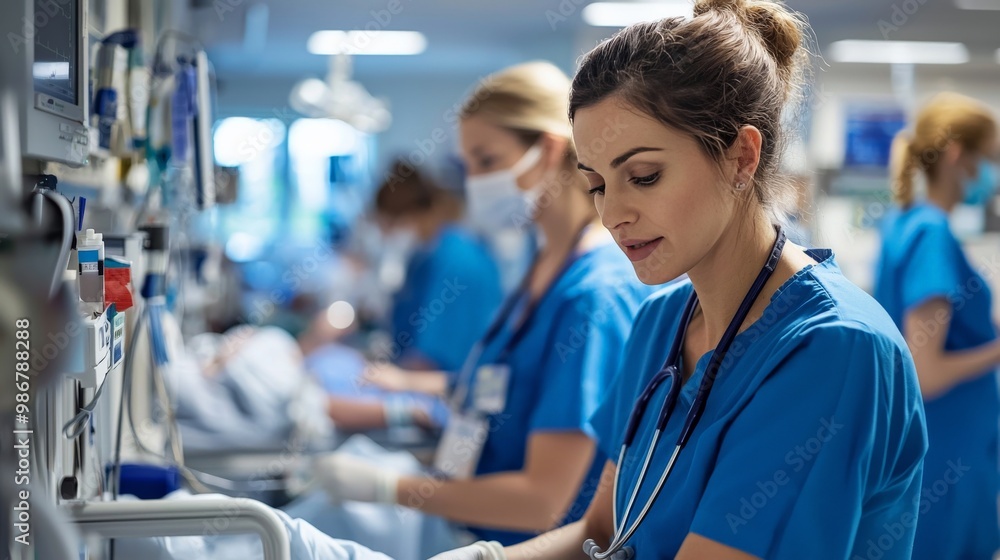 Nurses working together in a busy hospital ward, caring for patients ...