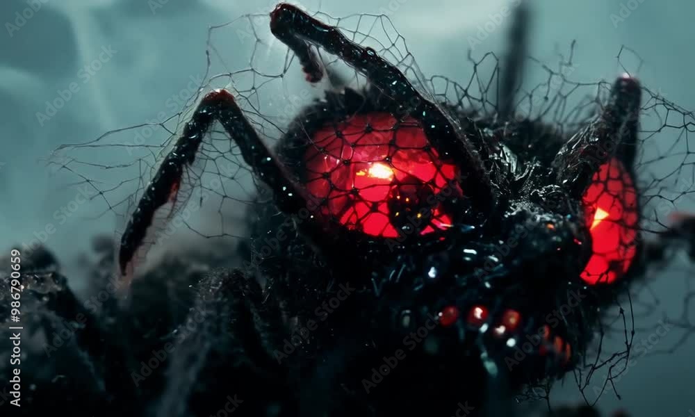 Scary close-up of a spider with glowing red eyes, sharp fangs dripping ...