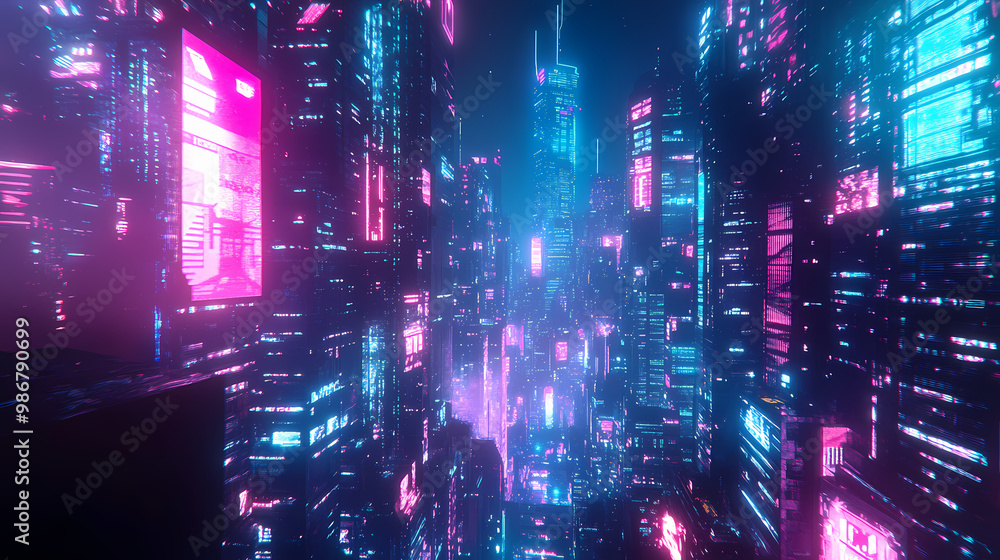 A futuristic night city in the distance glowing with neon light ...