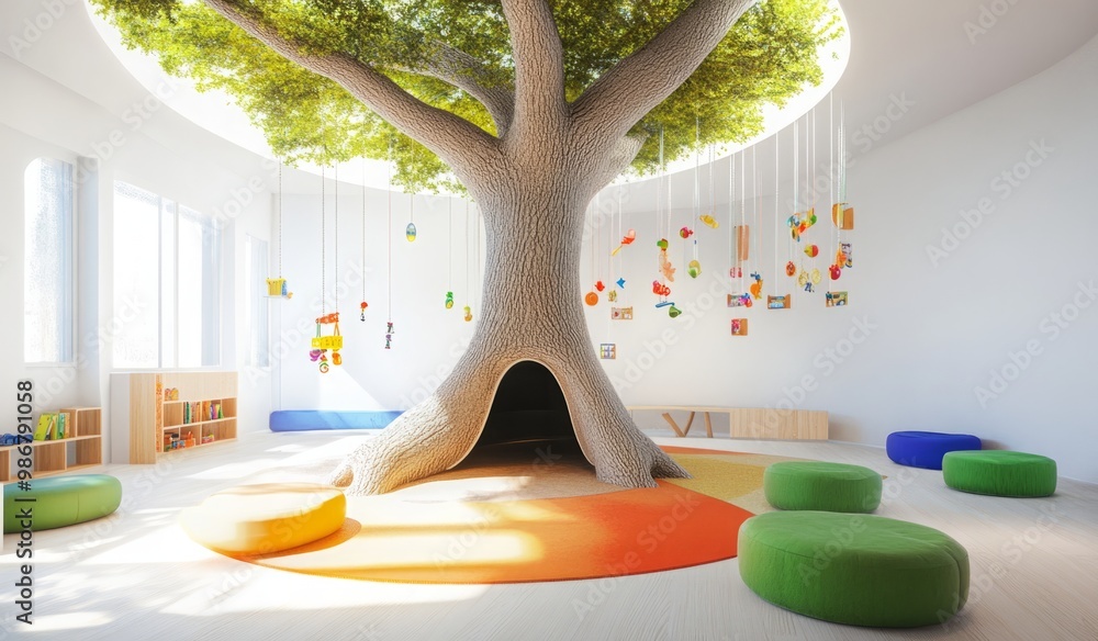 A playful tree centerpiece in the middle of an early childhood ...