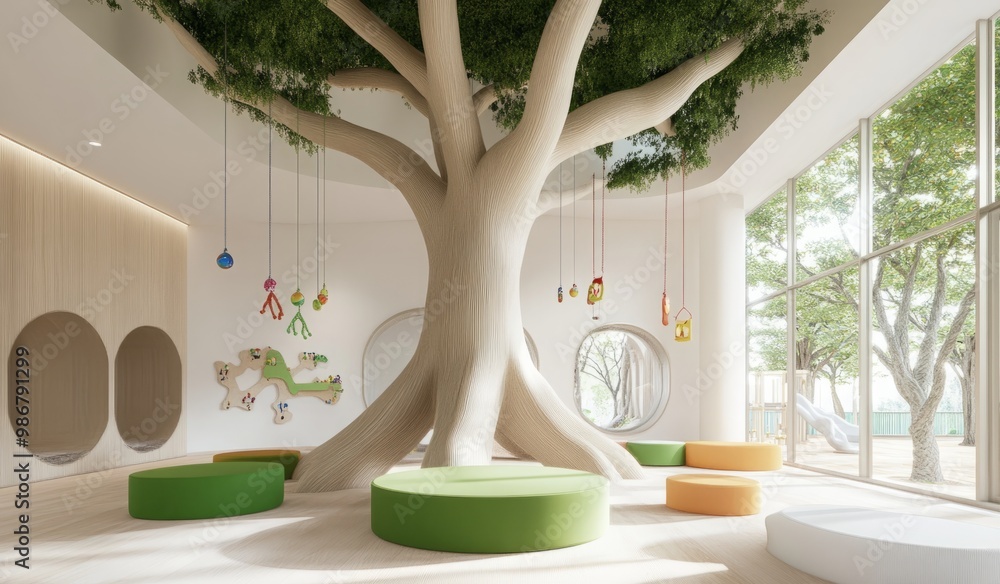 A playful tree centerpiece in the middle of an early childhood ...