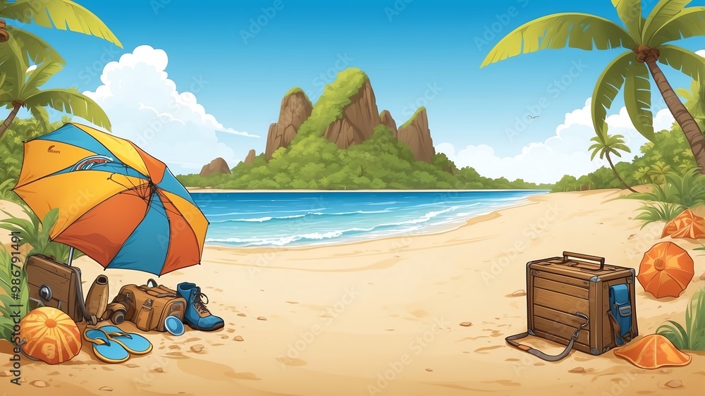 sandy beach with beachcombers gear cartoon background design Stock ...
