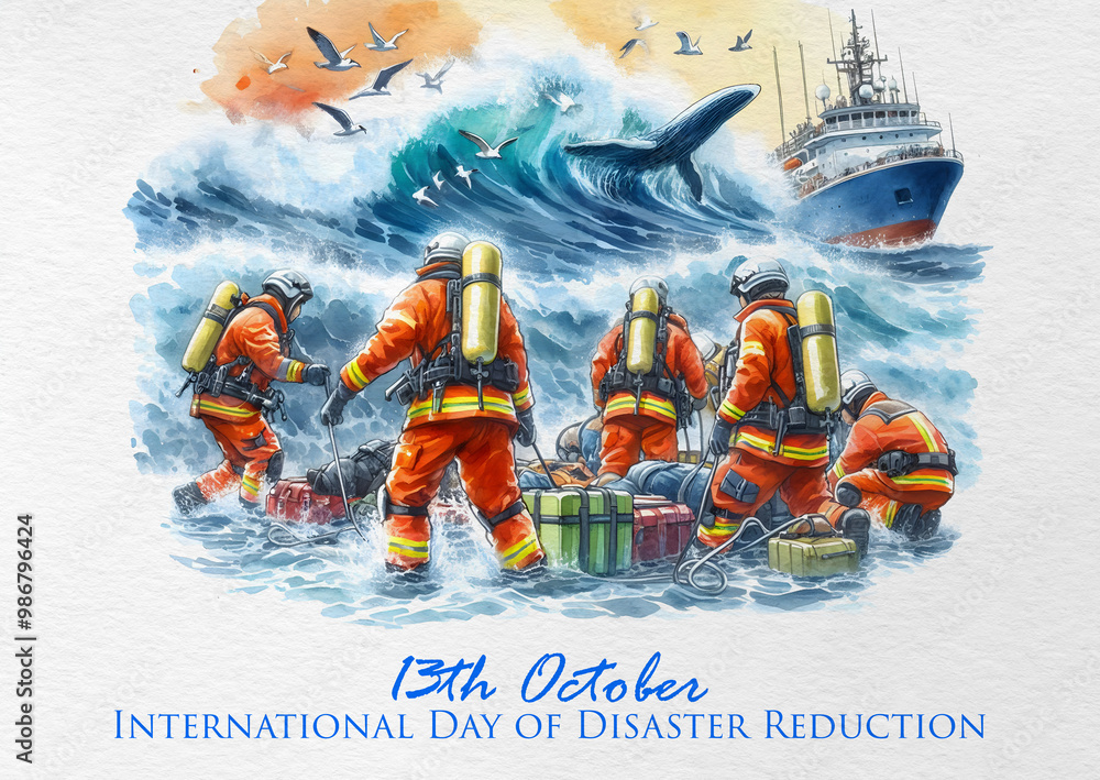 Watercolour illustration of Rescue worker working in a tsunami flood ...
