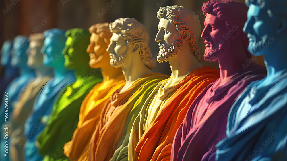 A row of statues of religious figures in rainbow colors. the statues ...