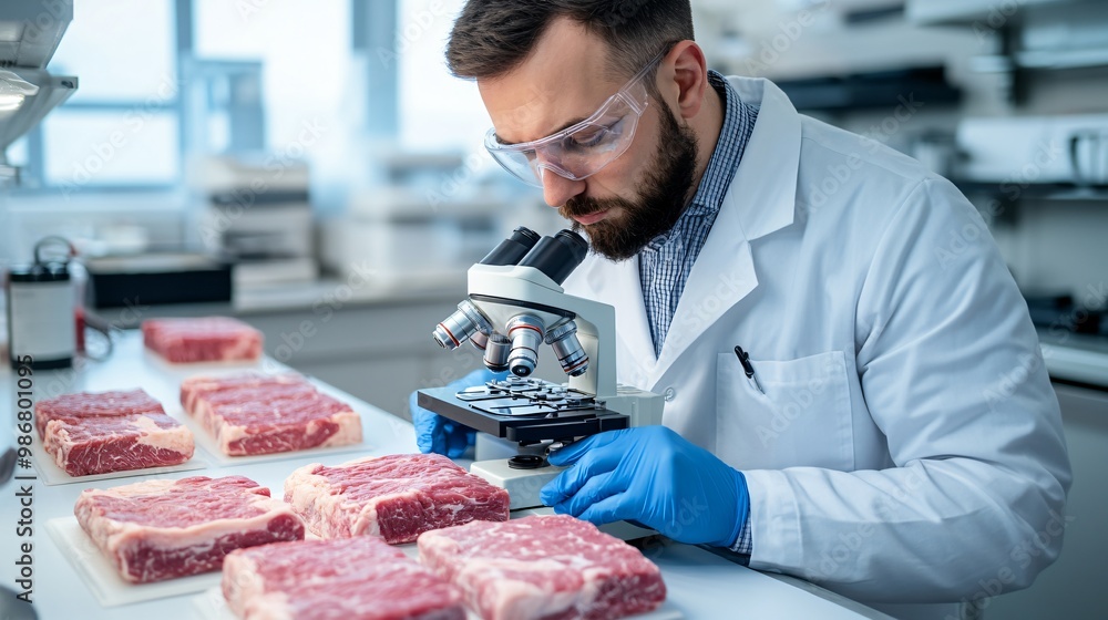 Lab technician using a microscope to examine cell-cultured meat, lab ...