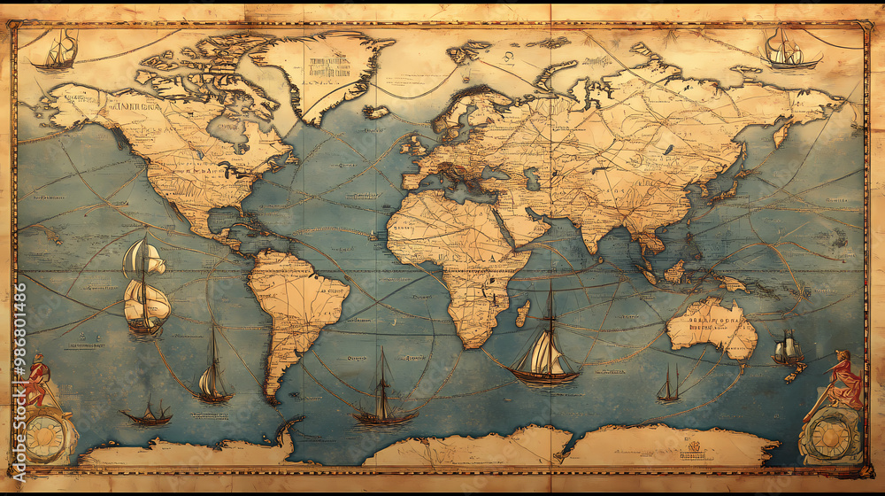 A vintage-style global map with shipping routes and historical trade ...