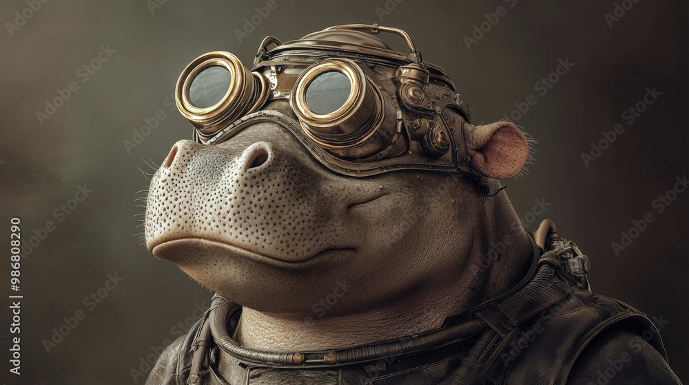 A majestic pygmy hippo dressed in intricate steampunk gear, featuring ...
