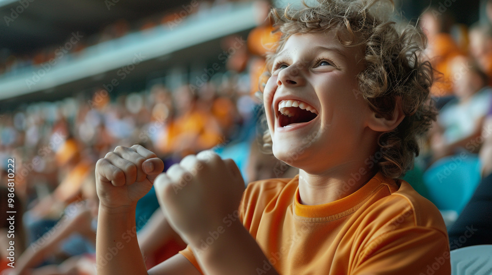 excited young supporter watching a match together. Joyful Child Cheering at a Sports Event in ...