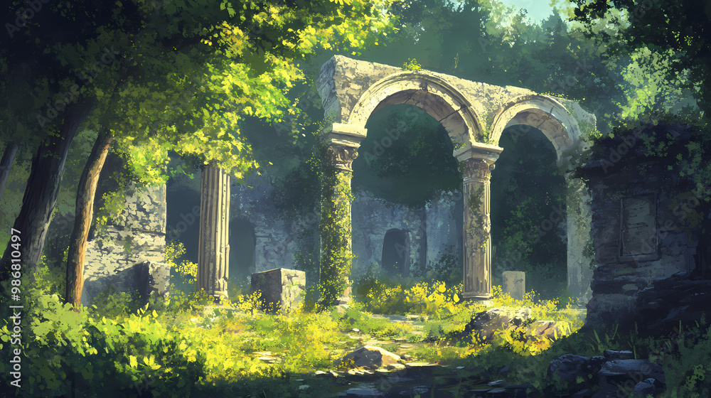 Ancient columns and crumbling arches surrounded by lush greenery and ...