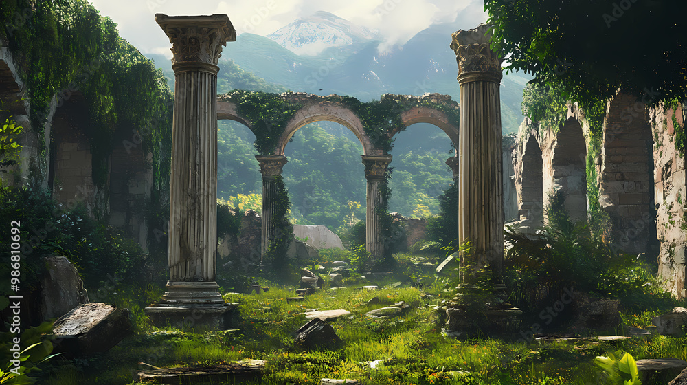 Ancient columns and crumbling arches surrounded by lush greenery and ...