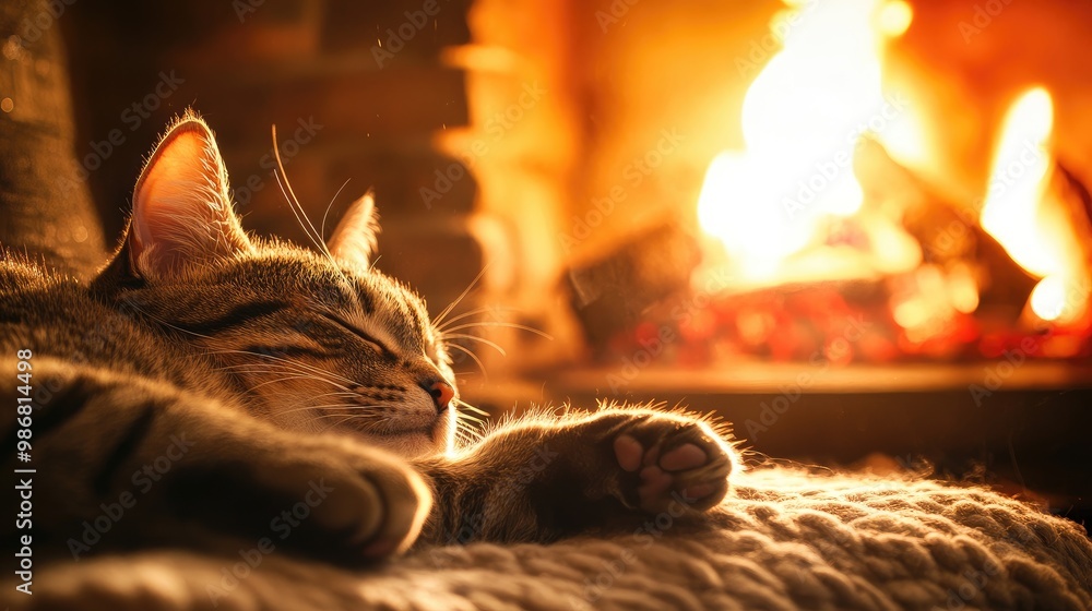 A peaceful scene of a cat curled up in front of a roaring fireplace ...